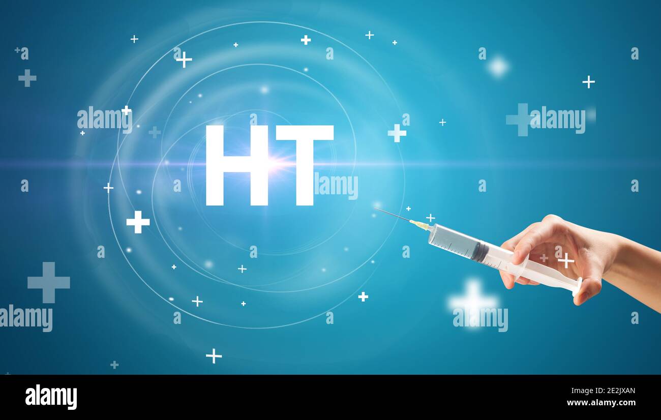 Syringe needle with virus vaccine and HT abbreviation, antidote concept ...