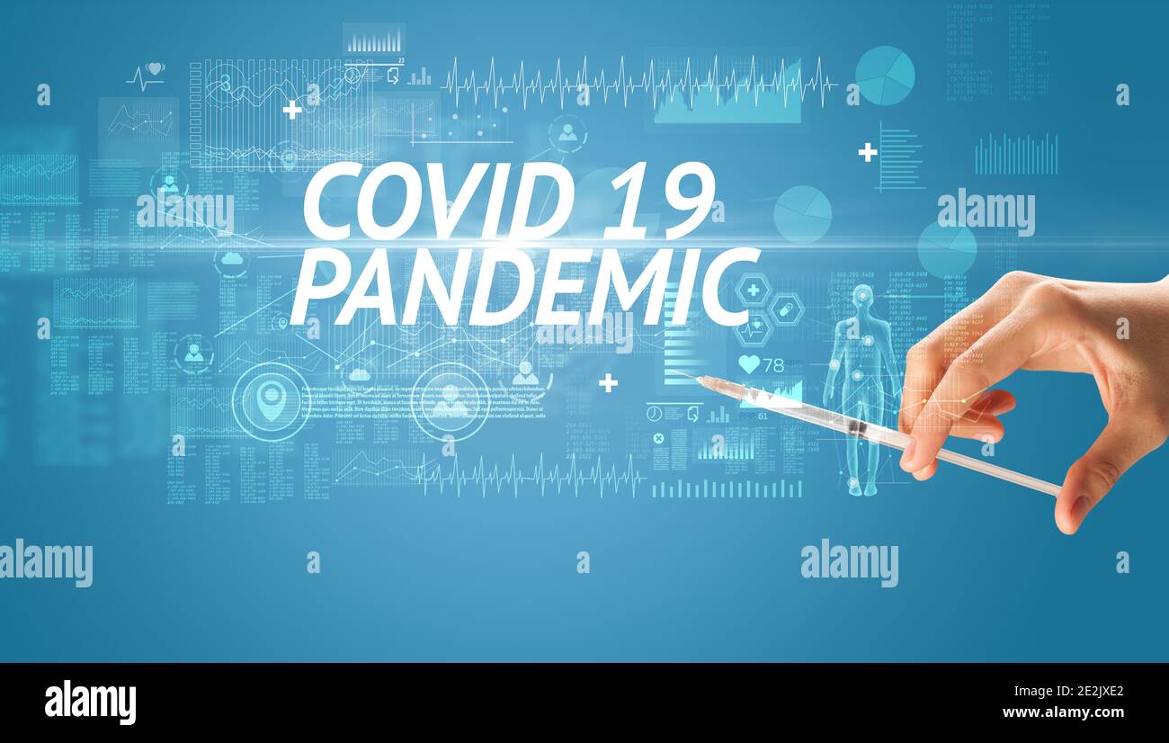 Syringe needle with virus vaccine and COVID 19 PANDEMIC inscription, antidote concept Stock ...