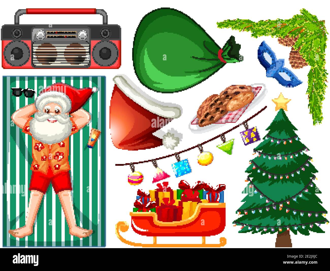 Santa Claus taking sun bath with christmas object isolated on white ...