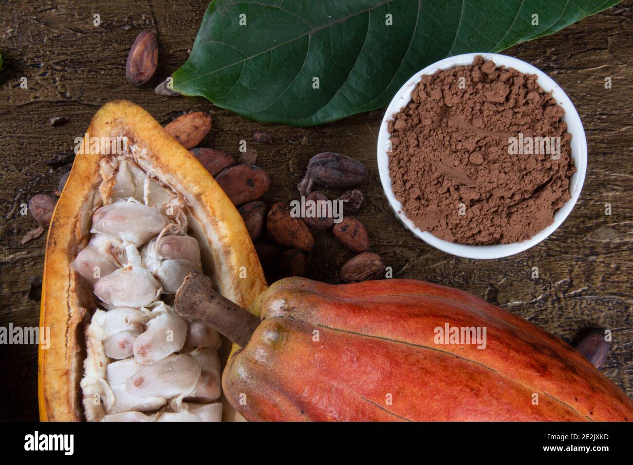 Detail of cocoa fruit with cocoa powder on raw cocoa beans Stock Photo ...