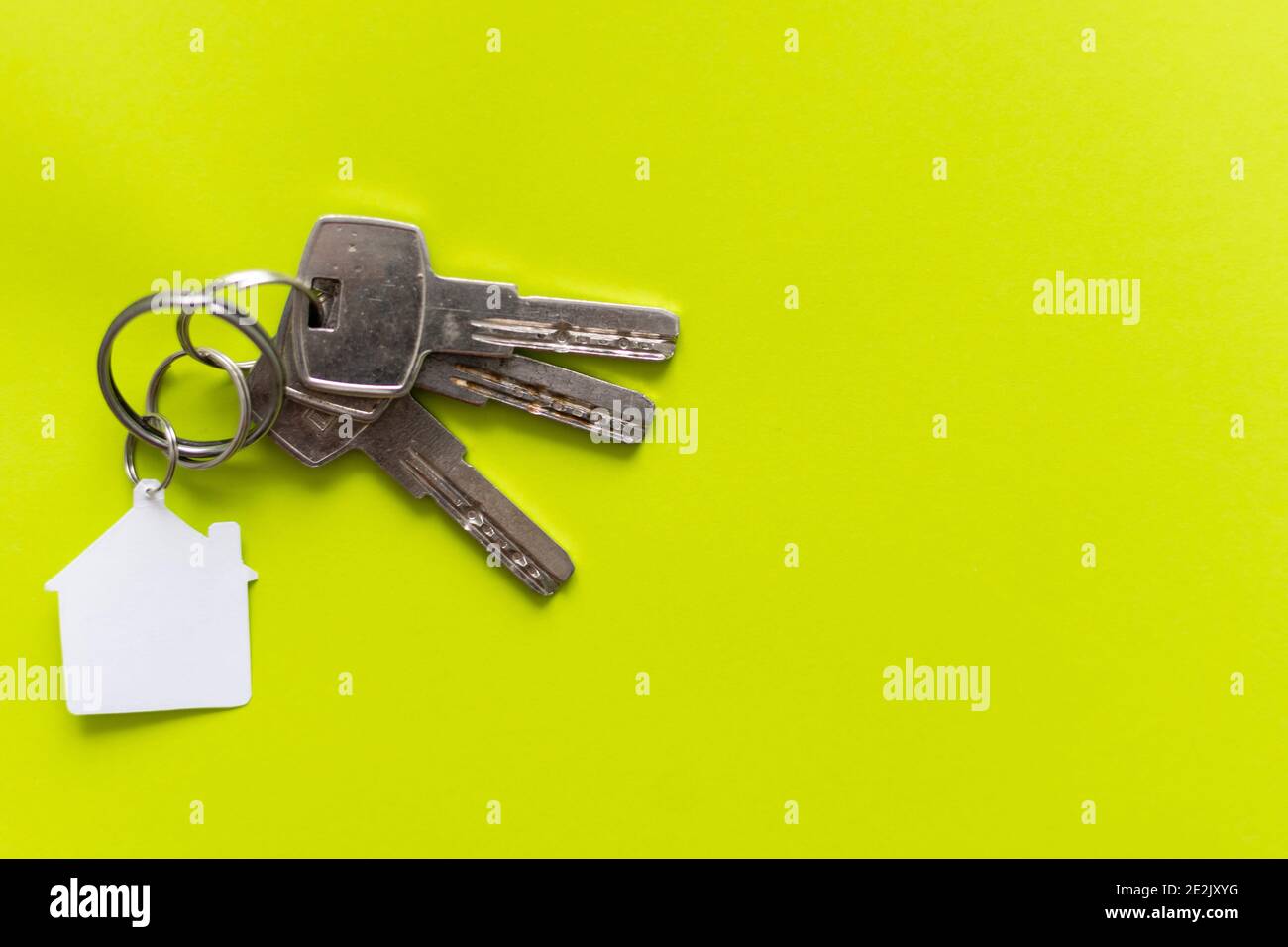 Macro view of two silver keys with house figure on the light green ...