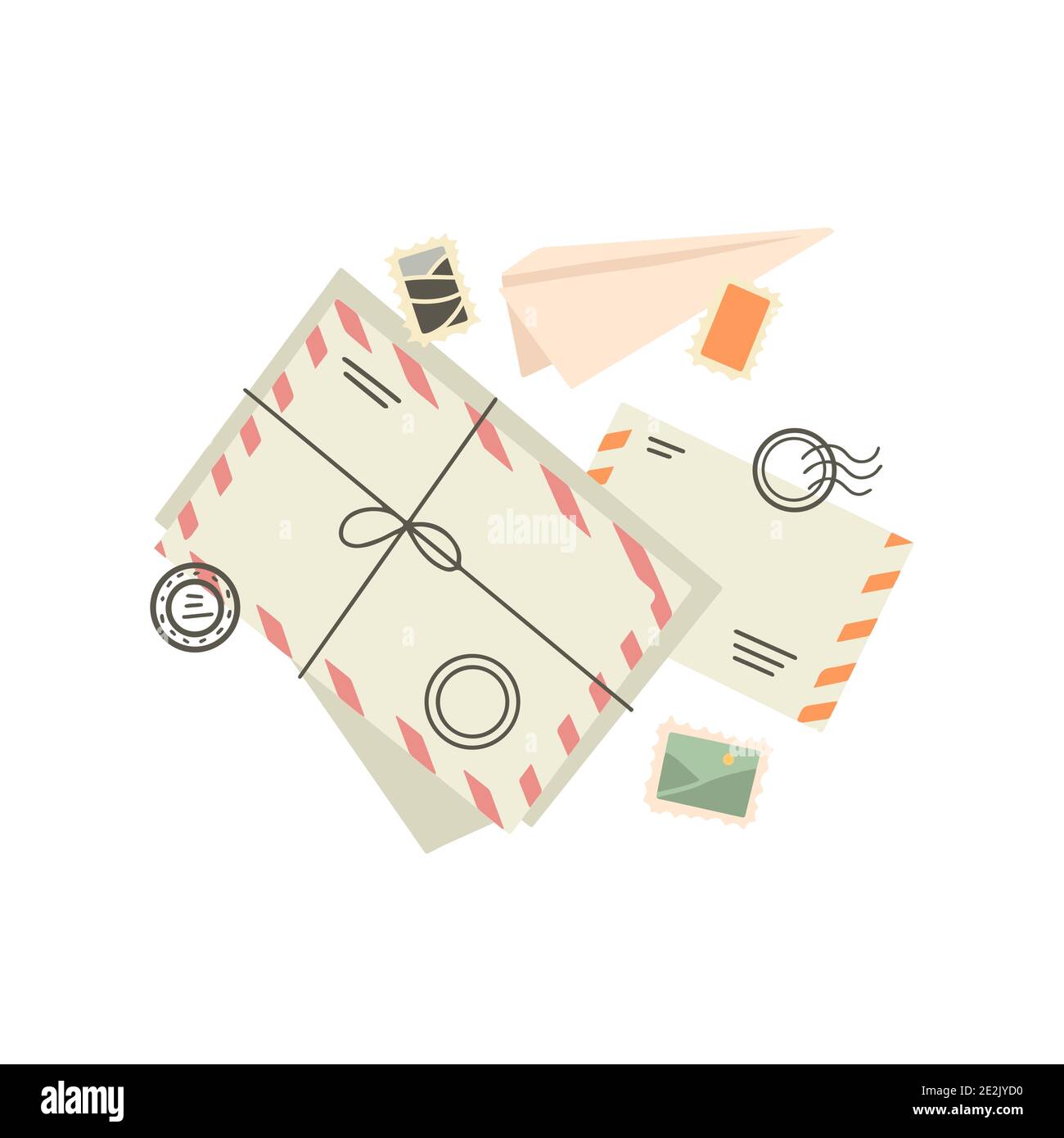 Hand drawn flat illustration of paper envelopes, marks, stamps and ...