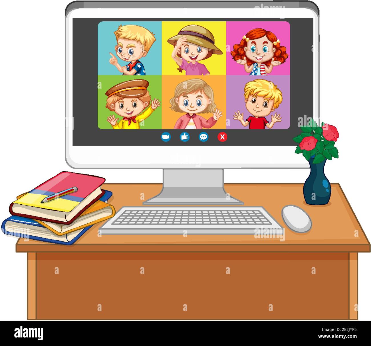 Student video chat online screen on computer screen on white background ...