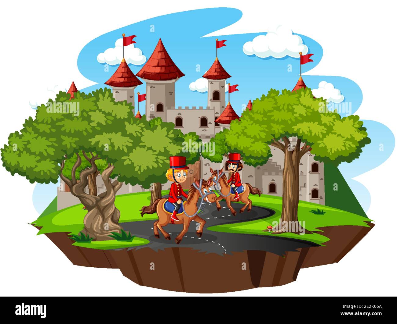 Fairytale scene with castle and soldier royal guard on white background ...