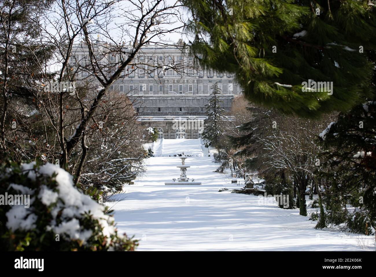 Historic snowfall in Madrid, capital of Spain in January 2021. Royal ...