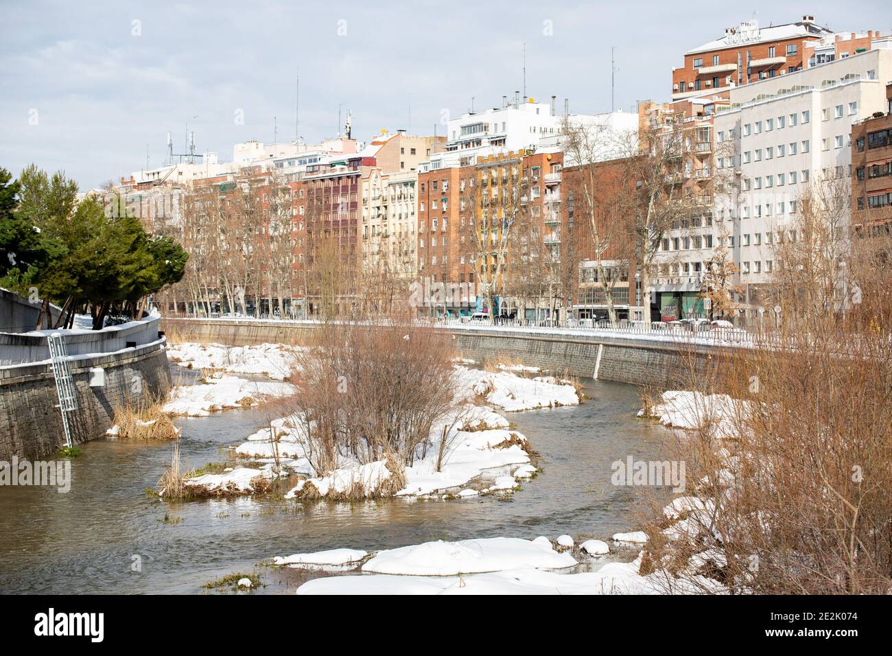 Historic snowfall in Madrid, capital of Spain in January 2021. River ...