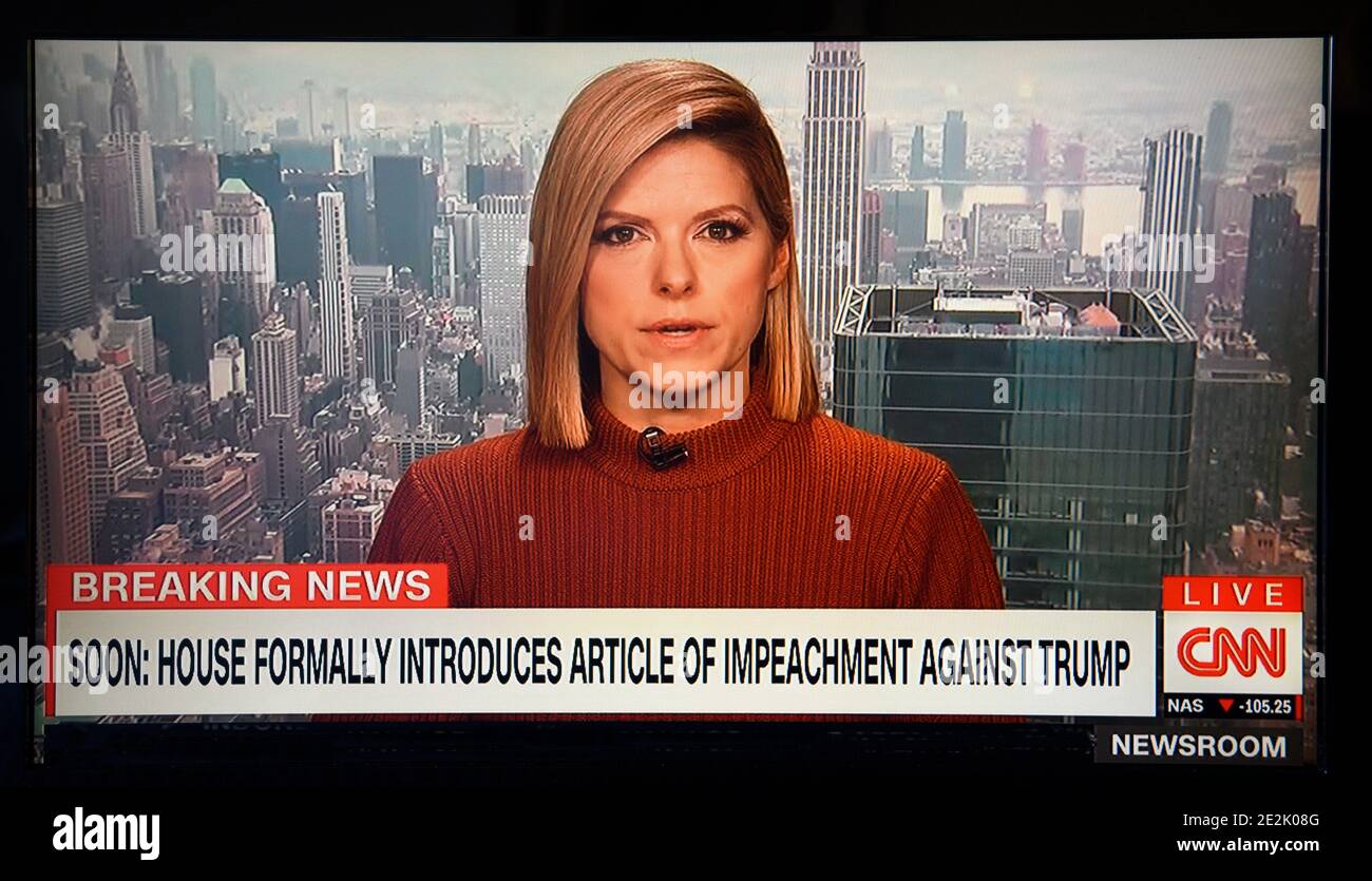 A CNN television screen shot of news anchor Kate Bolduan reporting on the article of impeachment ...