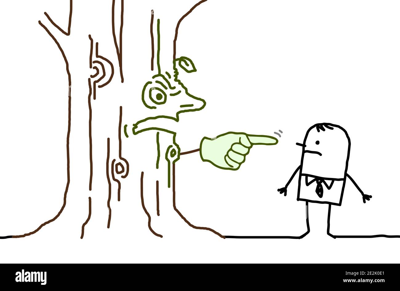 Hand drawn Angry Cartoon Tree Trunk Pointing Finger on a Businessman ...