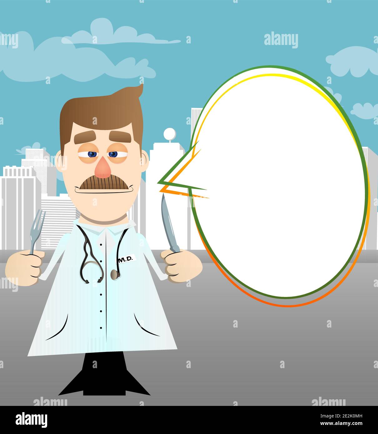 Funny cartoon doctor holding up a knife and fork. Vector illustration ...