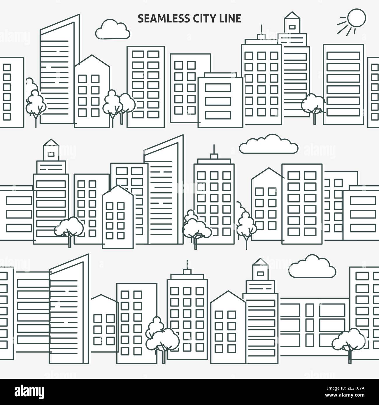 Seamless city skyline with trees and clouds in thin line style. 3 ...