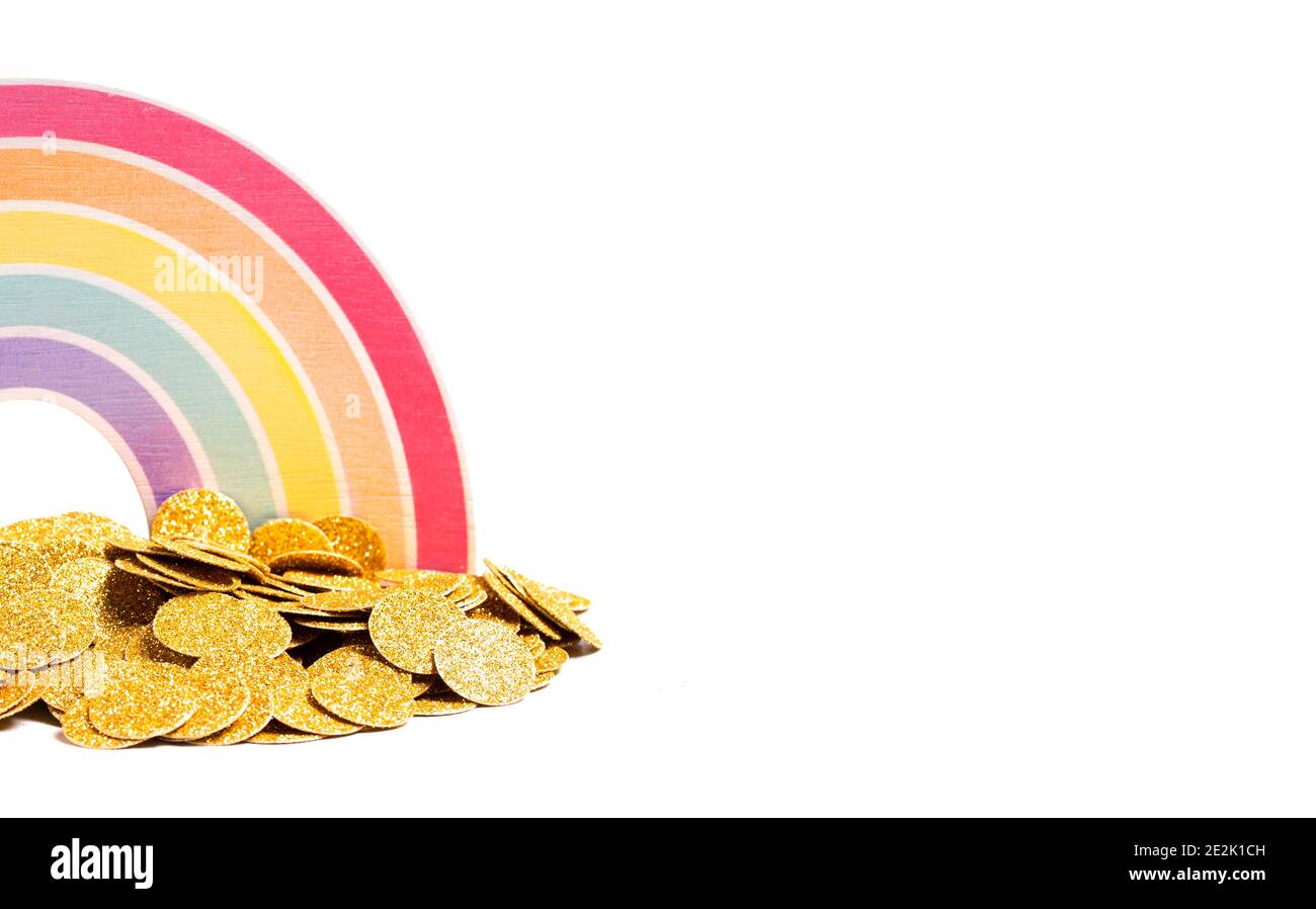 Wooden Rainbow with Gold at the End Isolated on a White Background ...