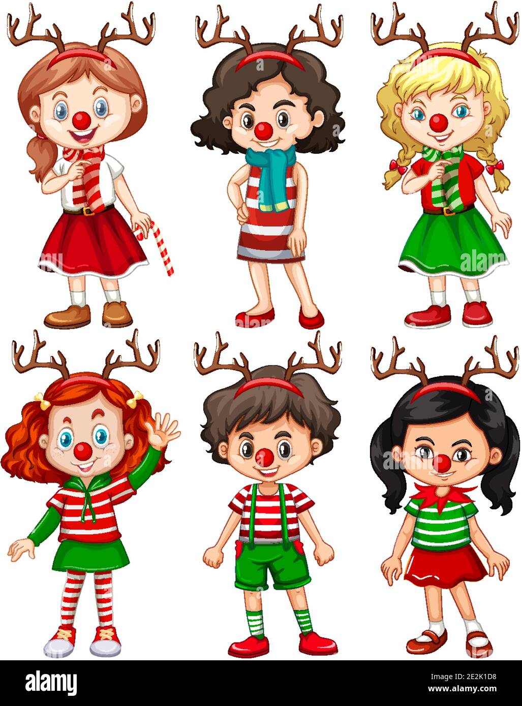 Set of different children wearing reindeer headband and red nose ...