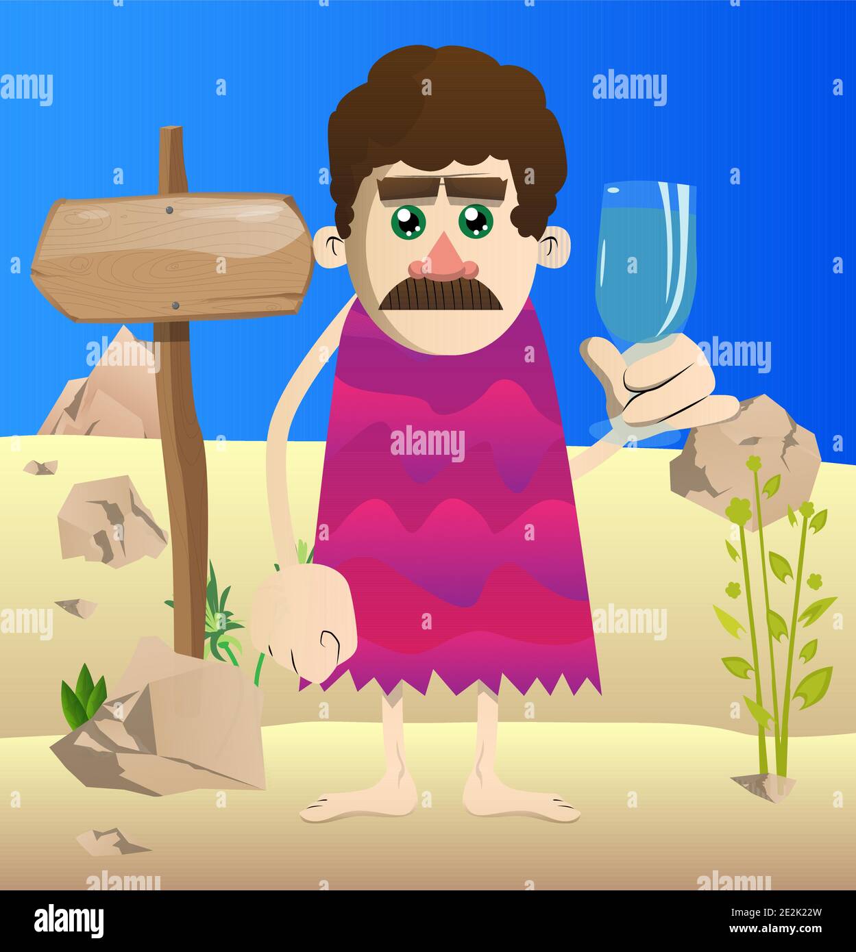 Cartoon caveman with a glass of water. Vector illustration of a man ...
