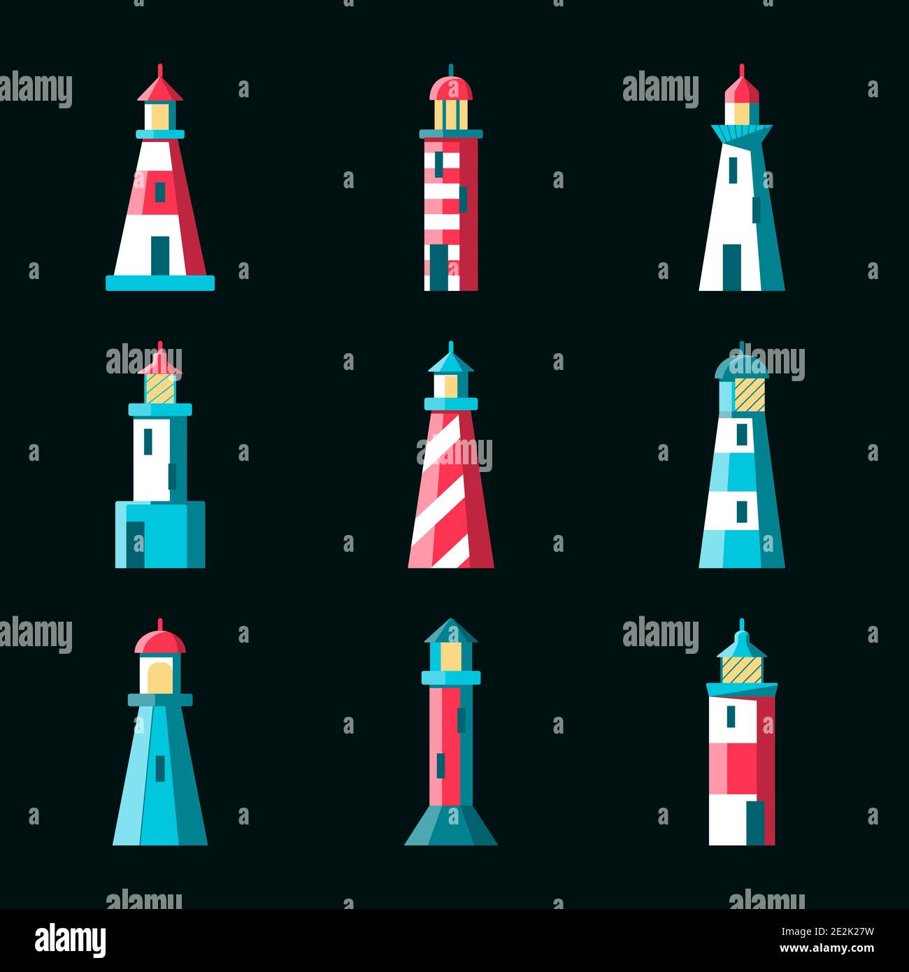 Marine collection of lighthouse icons in flat style isolated on black ...