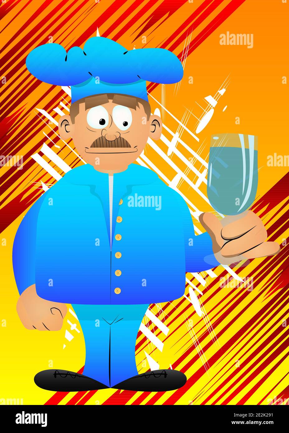 Fat male cartoon chef in uniform with a glass of water. Vector ...