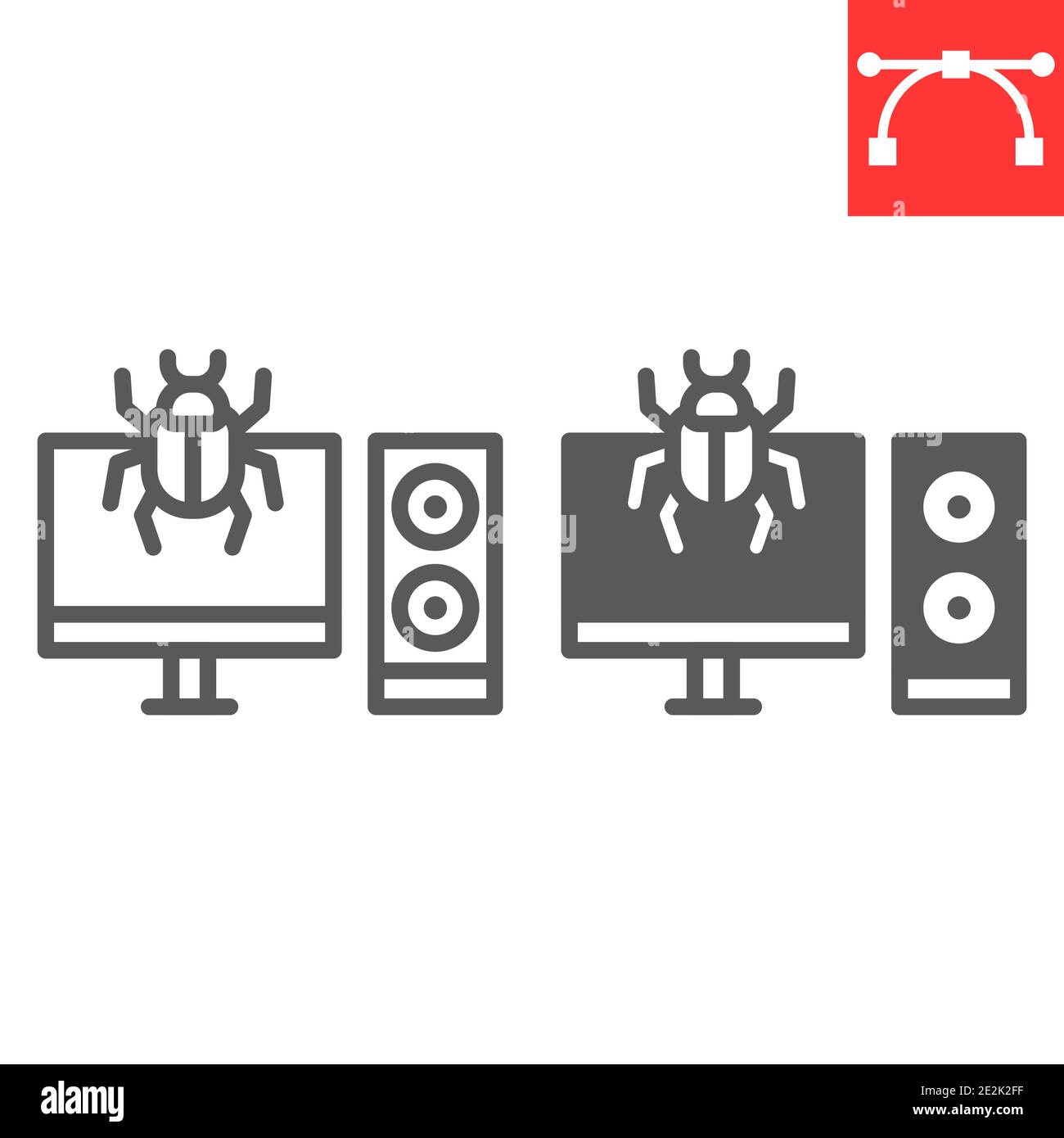 Infected computer line and glyph icon, security and pc virus, computer ...