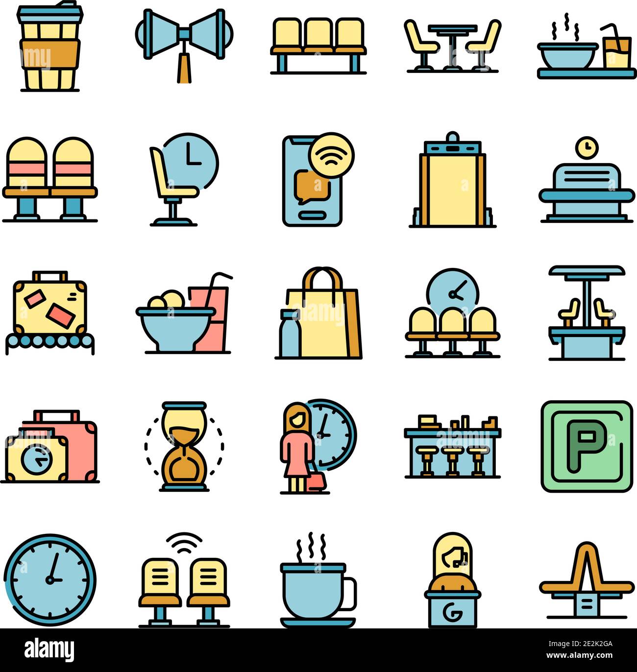 Waiting area icons set. Outline set of waiting area vector icons thin ...