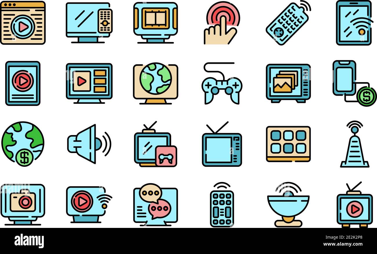 Interactive tv icons set. Outline set of interactive tv vector icons ...