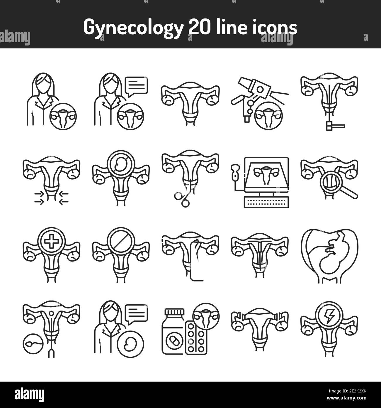 Gynecology black line icons set. Female reproductive system medical ...