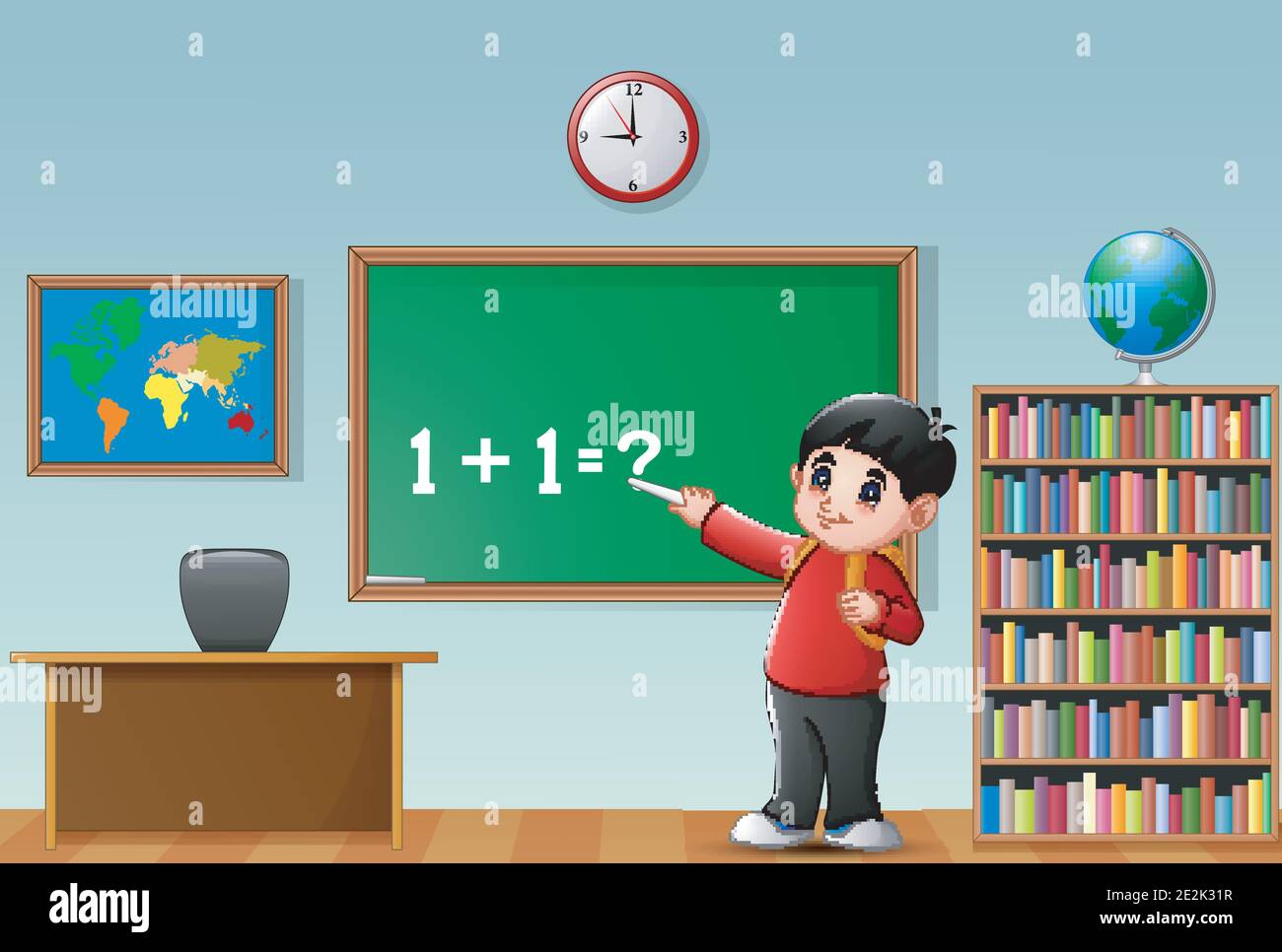 Vector illustration of Cartoon school boy at blackboard in a classroom ...