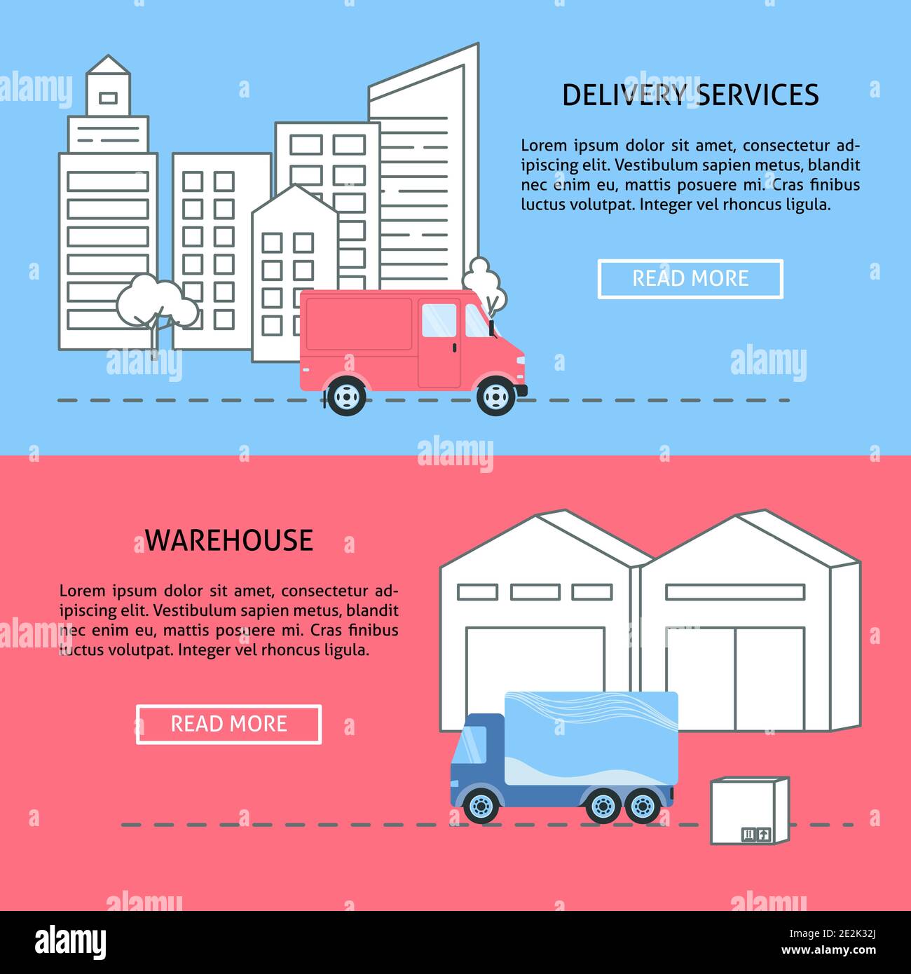 Delivery and warehouse horizontal banner templates in flat style. Truck ...