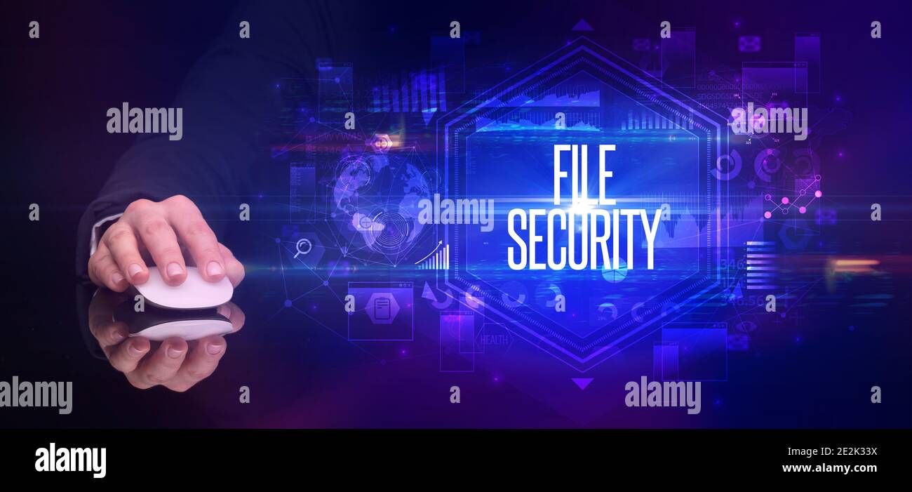 hand holding wireless peripheral with FILE SECURITY inscription, cyber ...