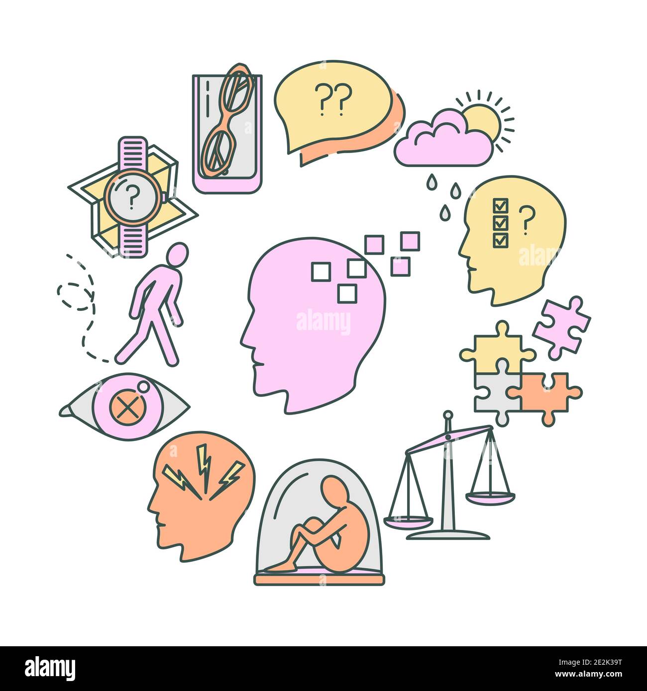 Alzheimer s symptoms round concept in line style. Banner or poster template with seniors disease ...