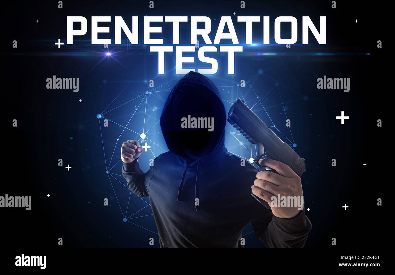 Mysterious hacker with PENETRATION TEST inscription, online attack ...