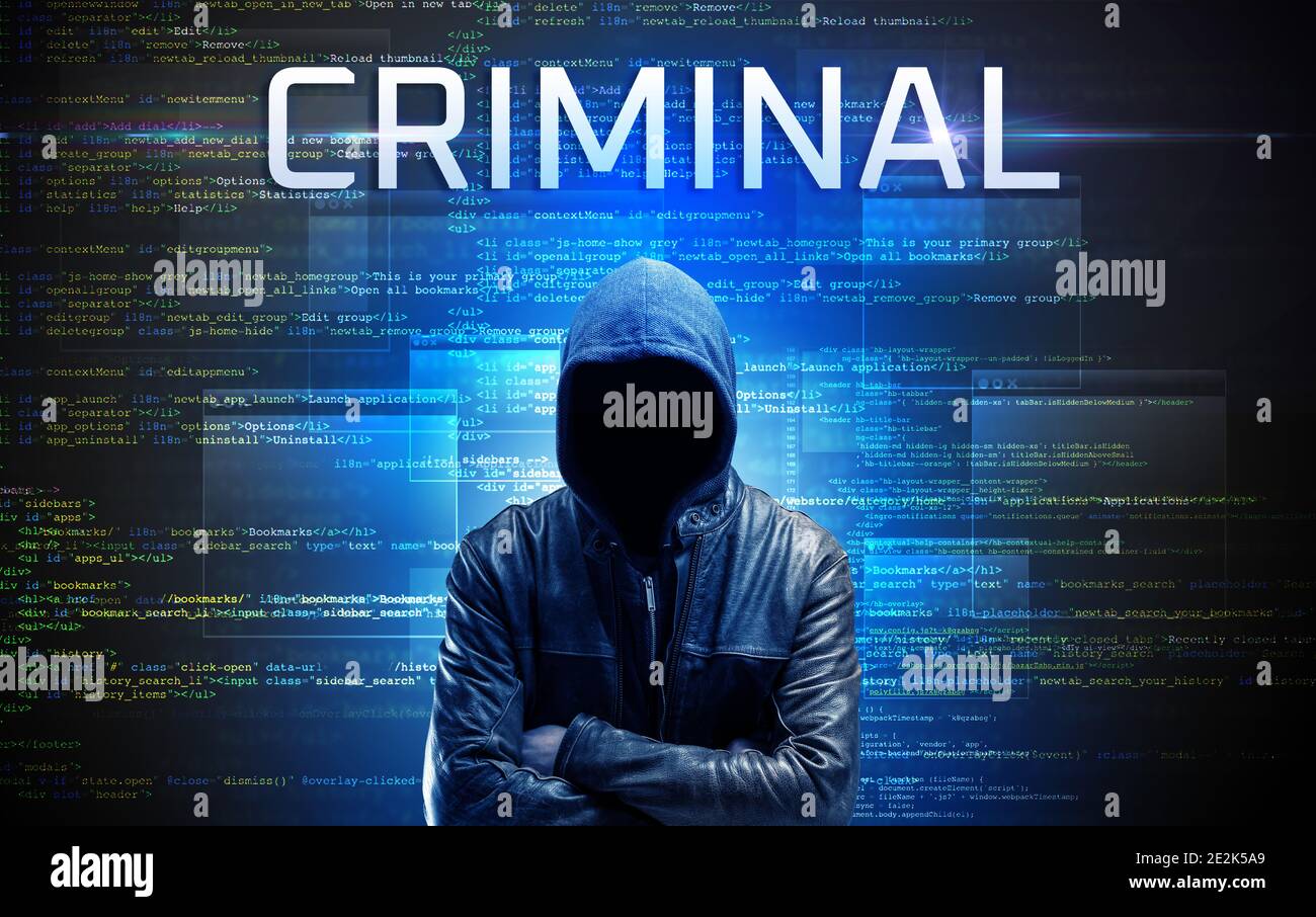 Faceless hacker with CRIMINAL inscription on a binary code background ...