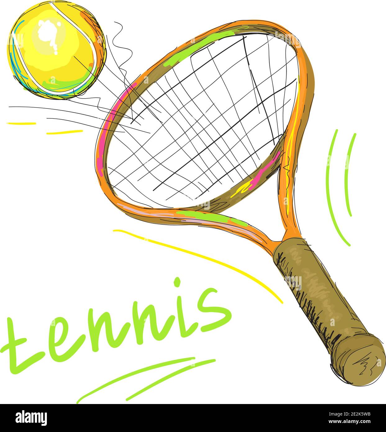 Vector illustration of isolated tennis racket and ball, racquet closeup ...