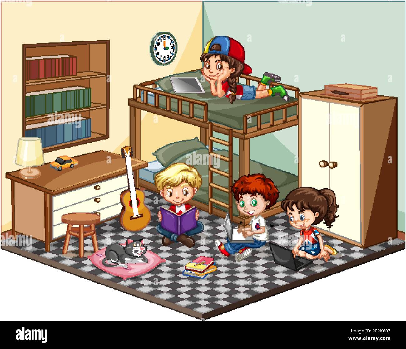 Kids in the bedroom scene on white background illustration Stock Vector ...