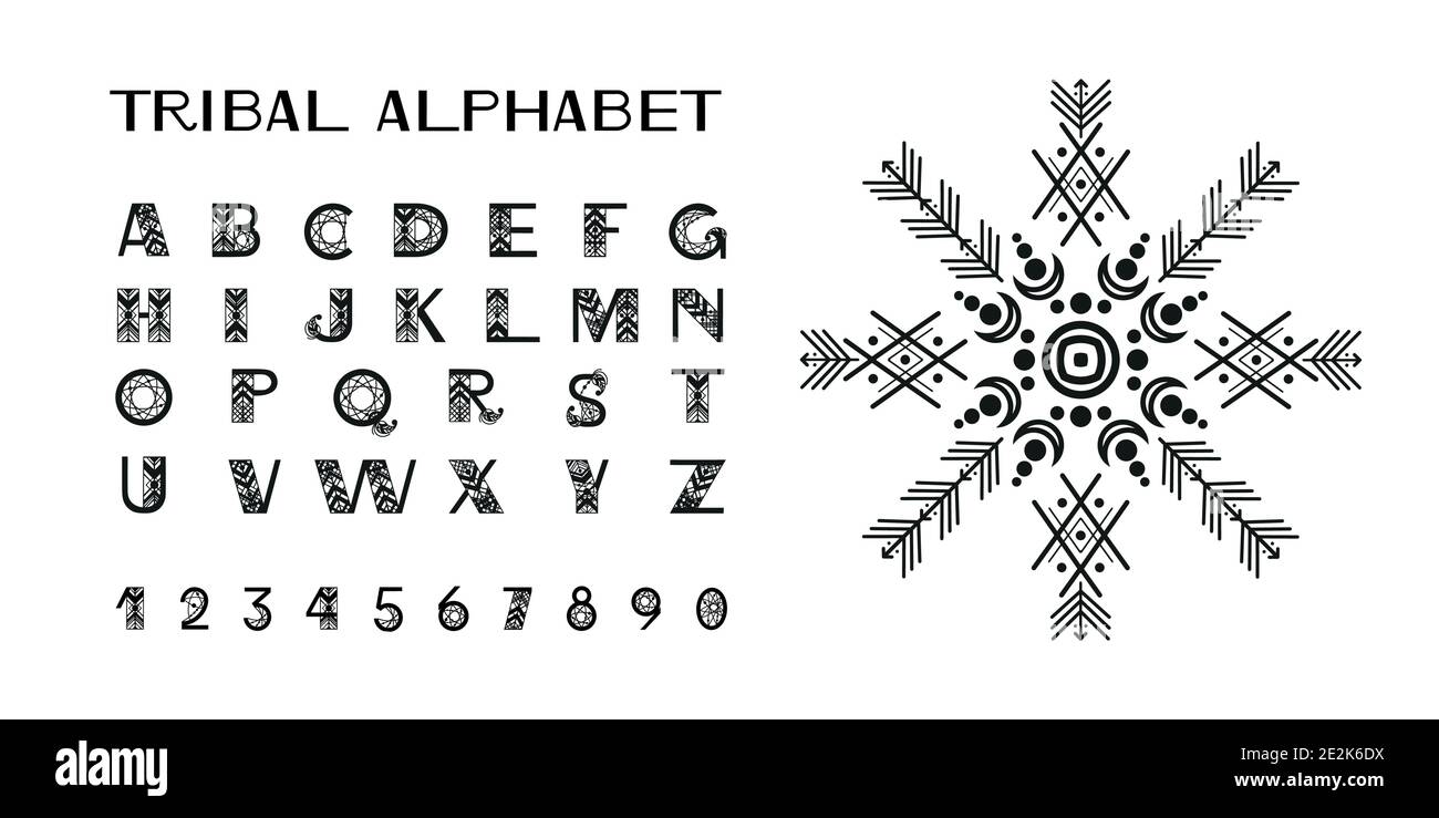 Tribal style alphabet. Ethnic ornamental font. Vector illustration ...
