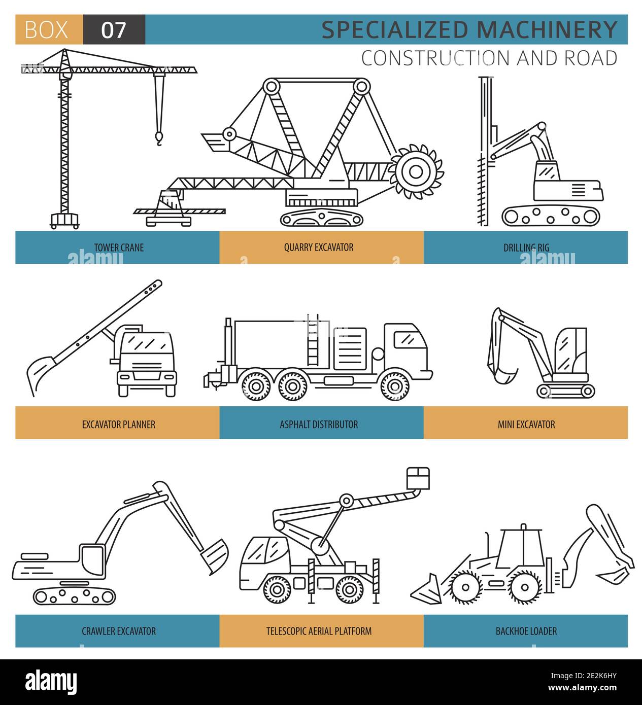 Special industrial construction and road machine linear vector icon set ...