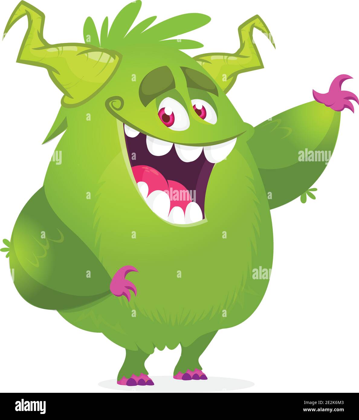 Cartoon green furry monster. Halloween vector illustration of excited ...