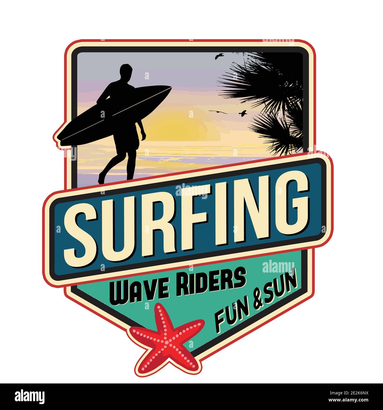 Surfing travel sticker on white background, vector illustration Stock ...
