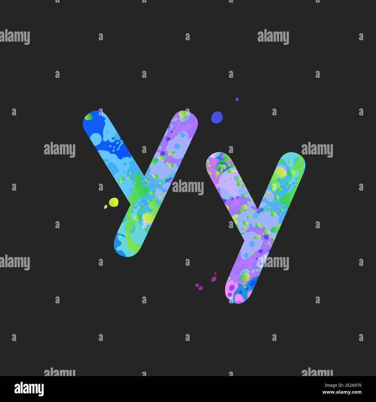Letters Y uppercase and lowercase with effect of liquid spots of paint ...