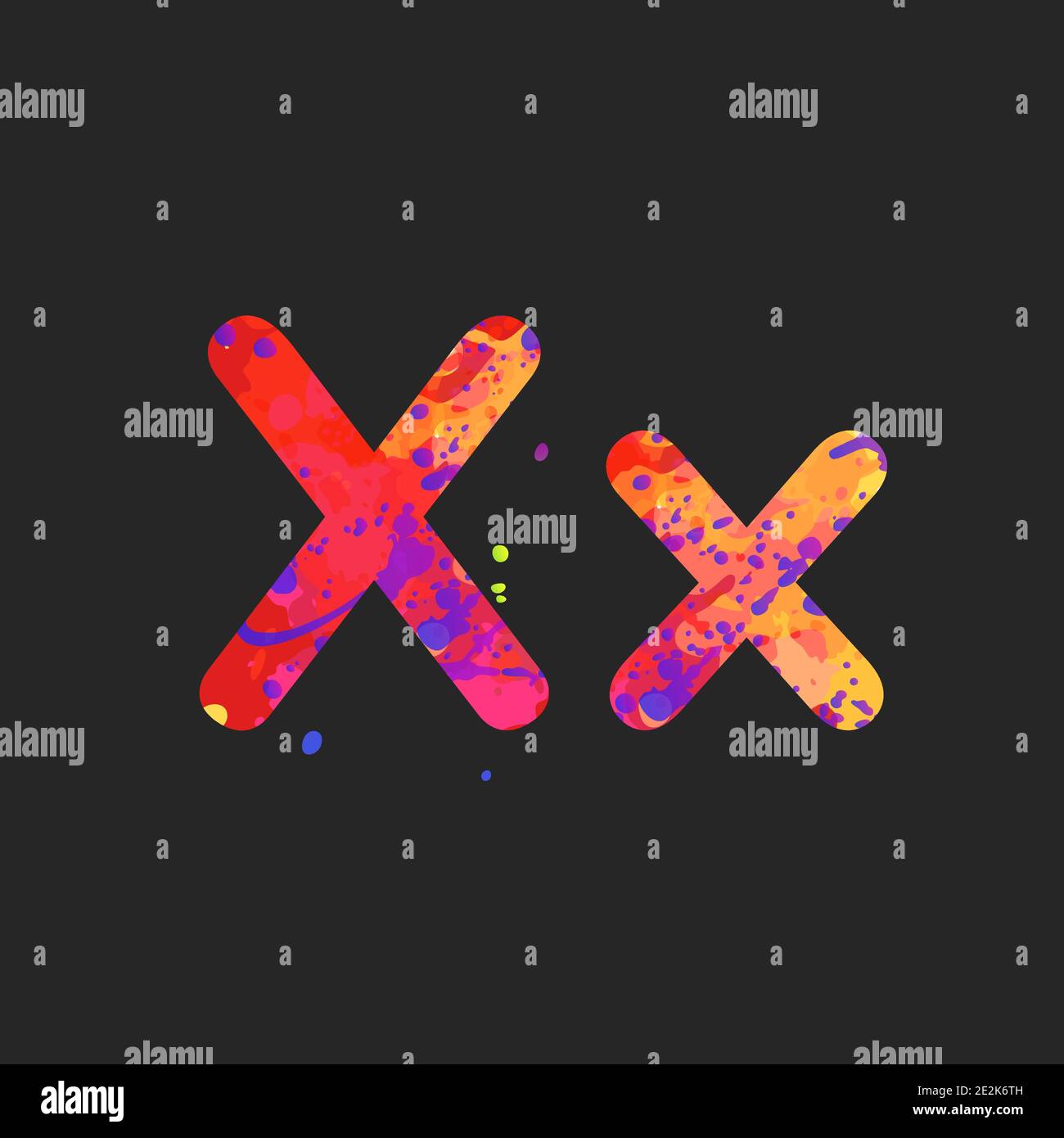 Letters X uppercase and lowercase with effect of liquid spots of paint ...