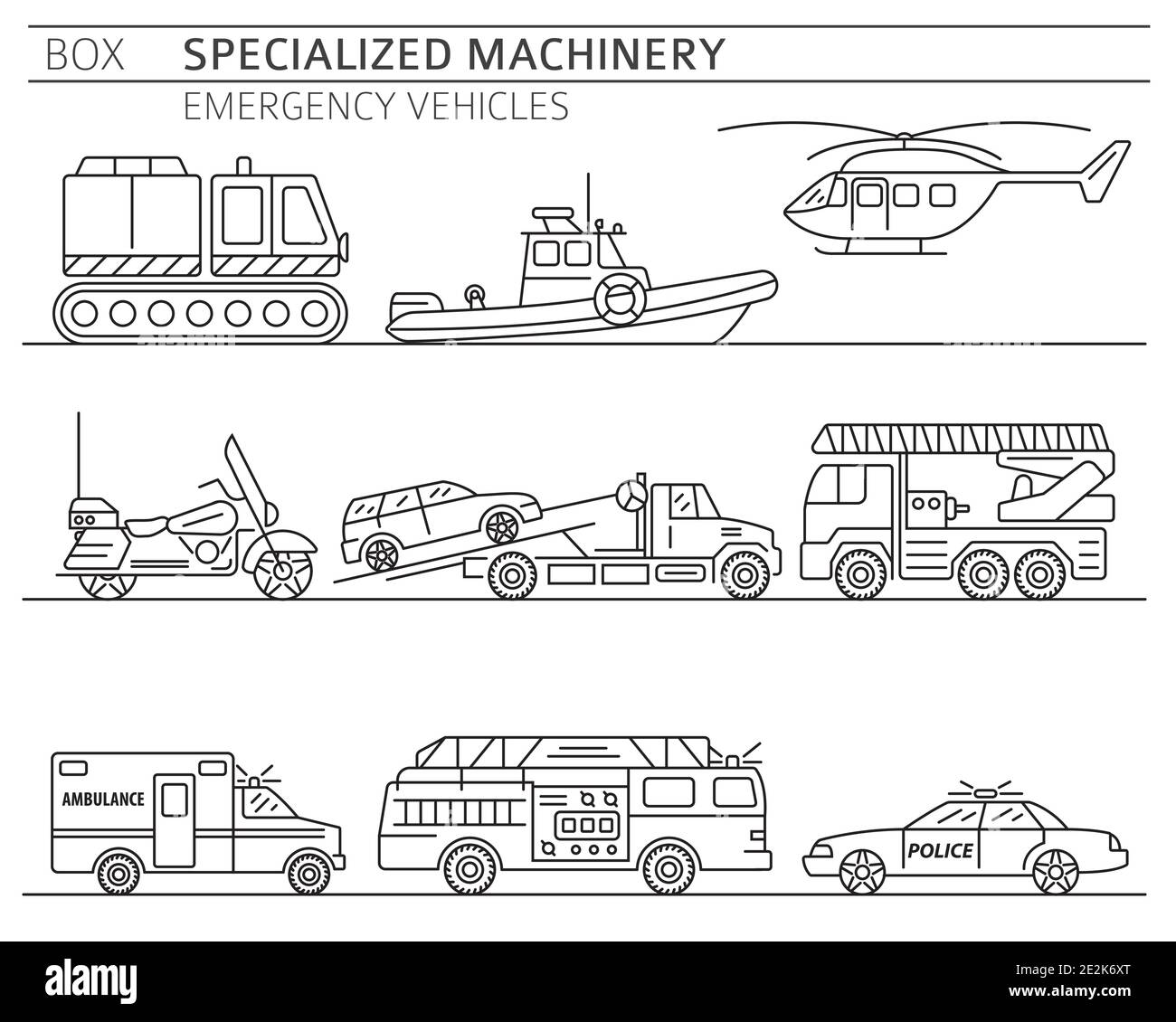 Specialized machines, emergency vehicles linear vector icon set ...