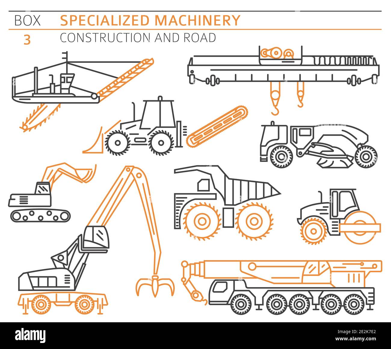 Special industrial construction and road machine linear vector icon set ...