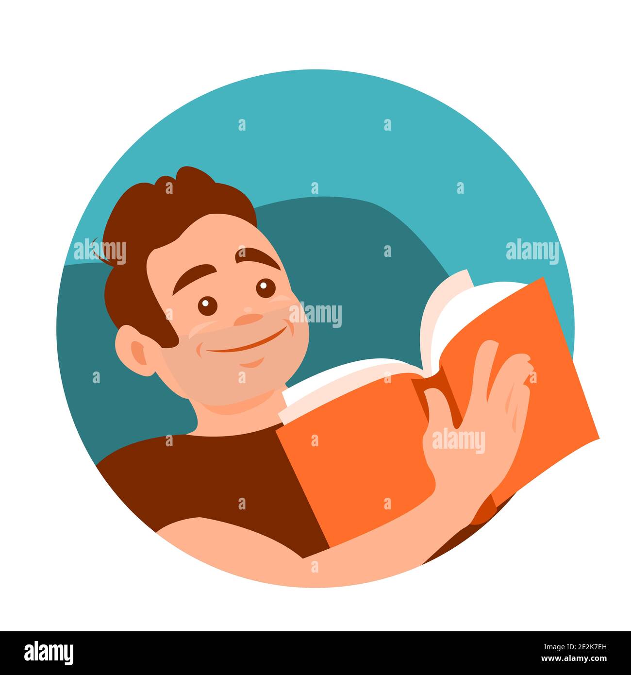 A young man is reading a book at home. Happy face. Vector round cartoon ...