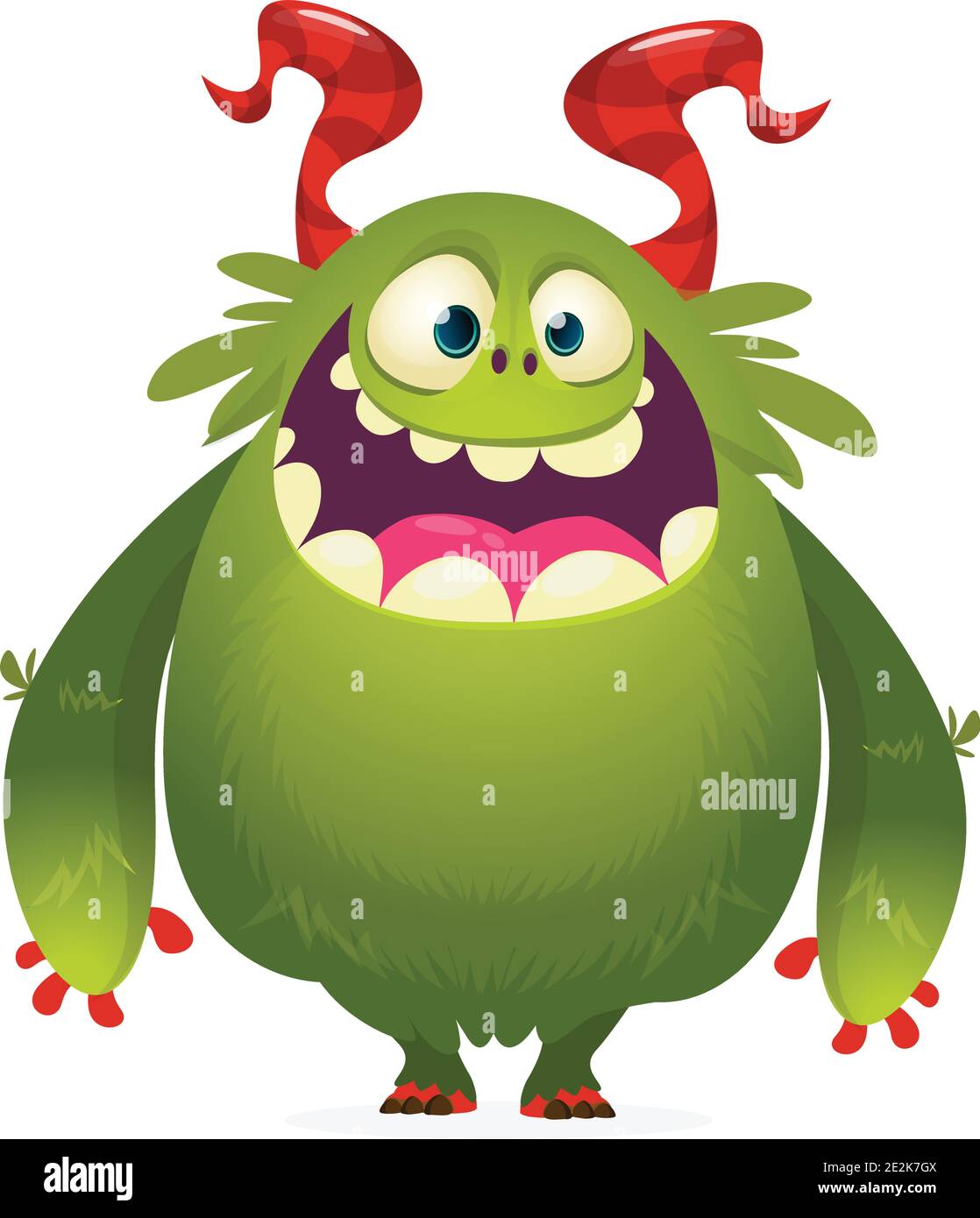 Cartoon green furry monster. Halloween vector illustration of excited ...