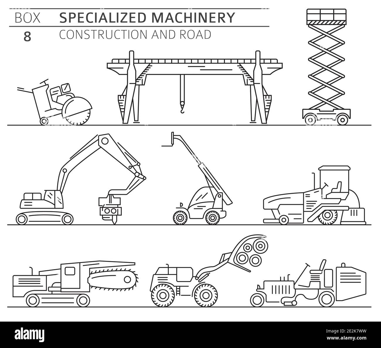 Special industrial construction and road machine linear vector icon set ...