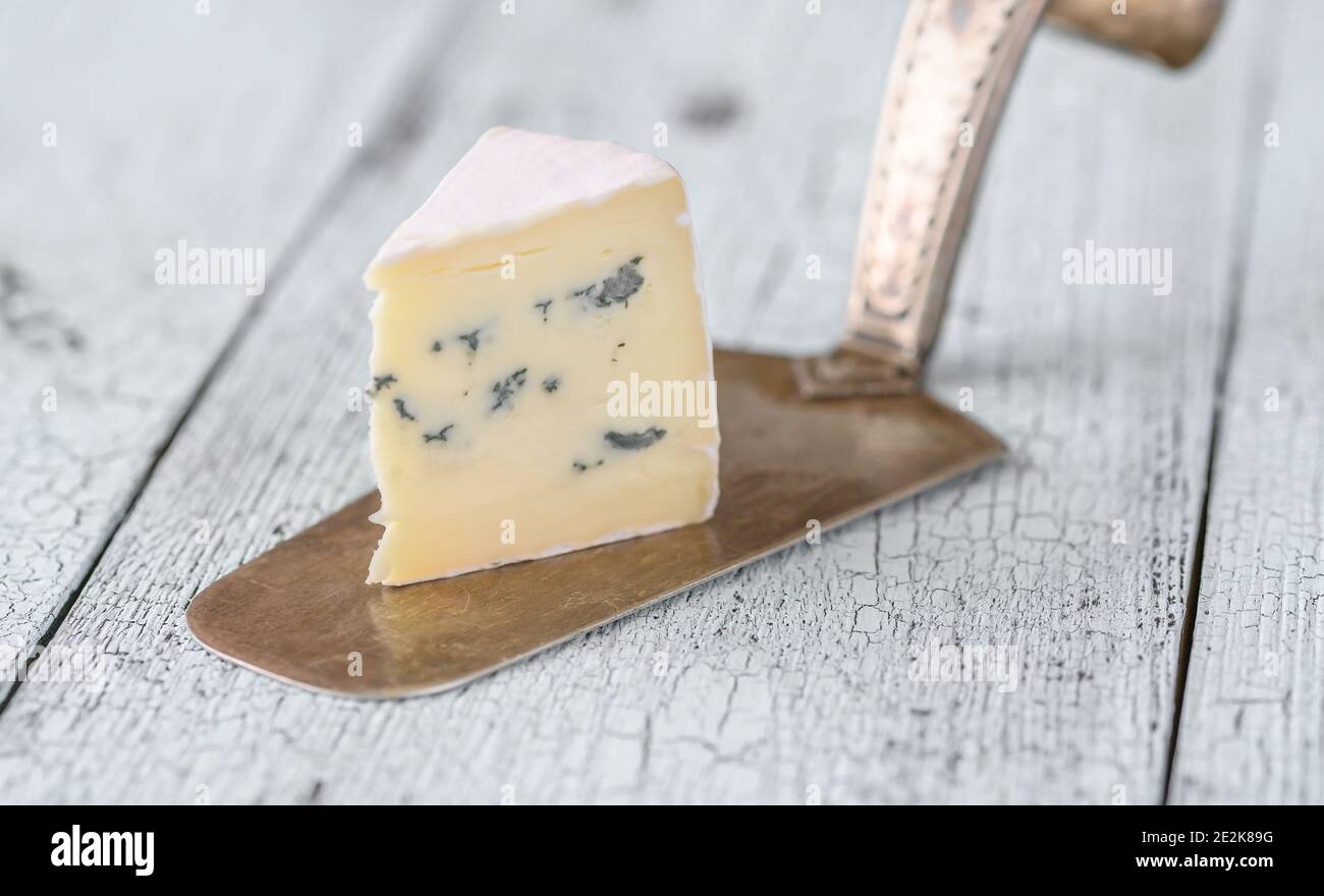 Wedge of blue cheese under a rind of white mould Stock Photo - Alamy