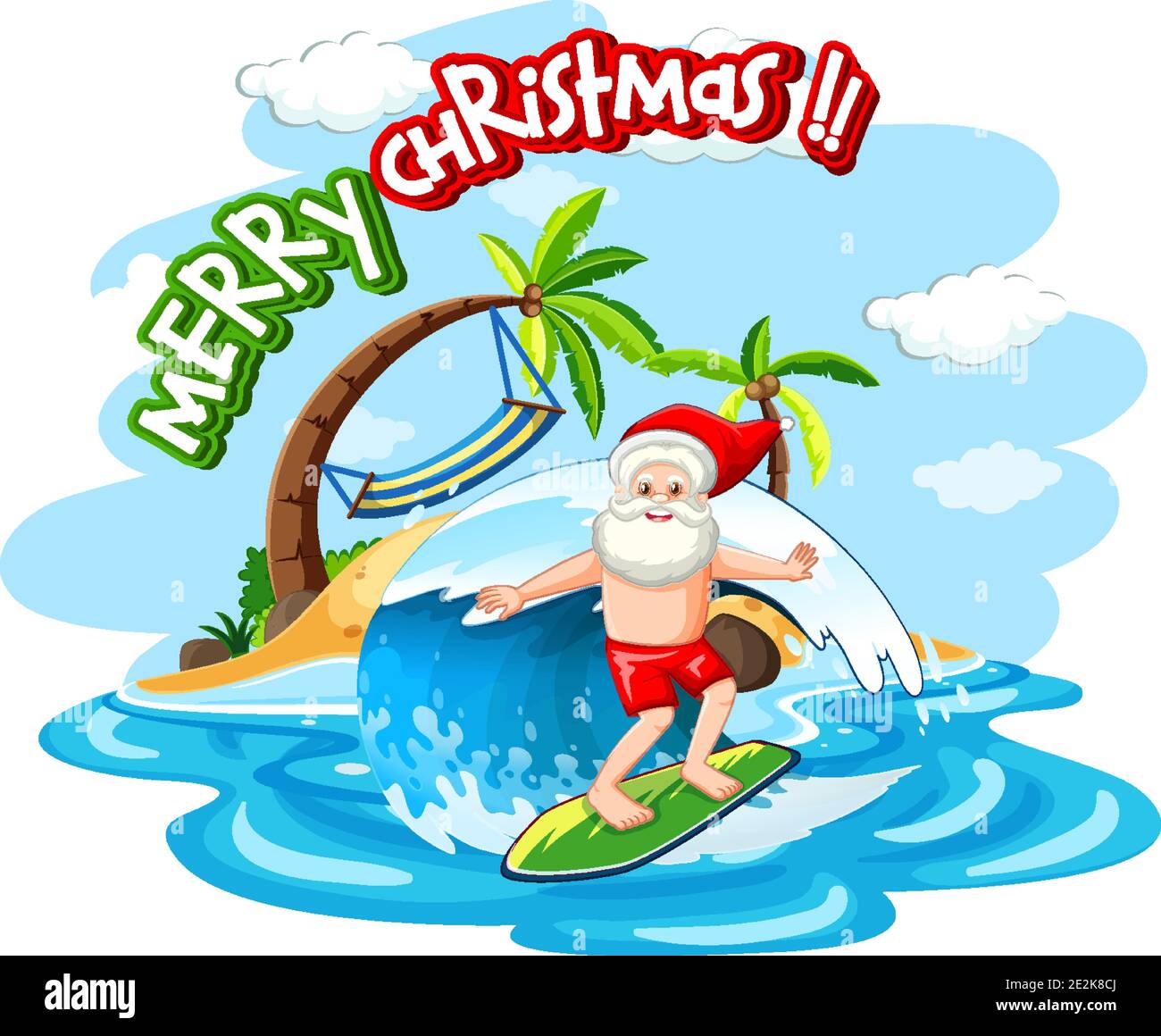 Santa Claus surfing at the beach for summer christmas illustration ...