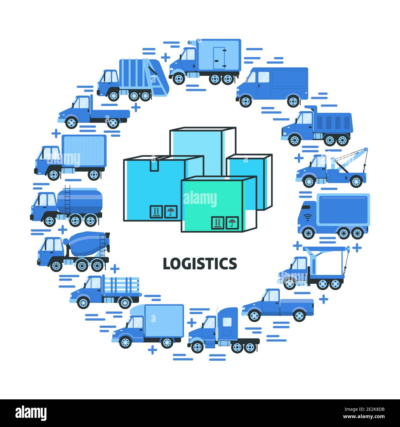 Cargo transportation and logistics round concept with different types ...