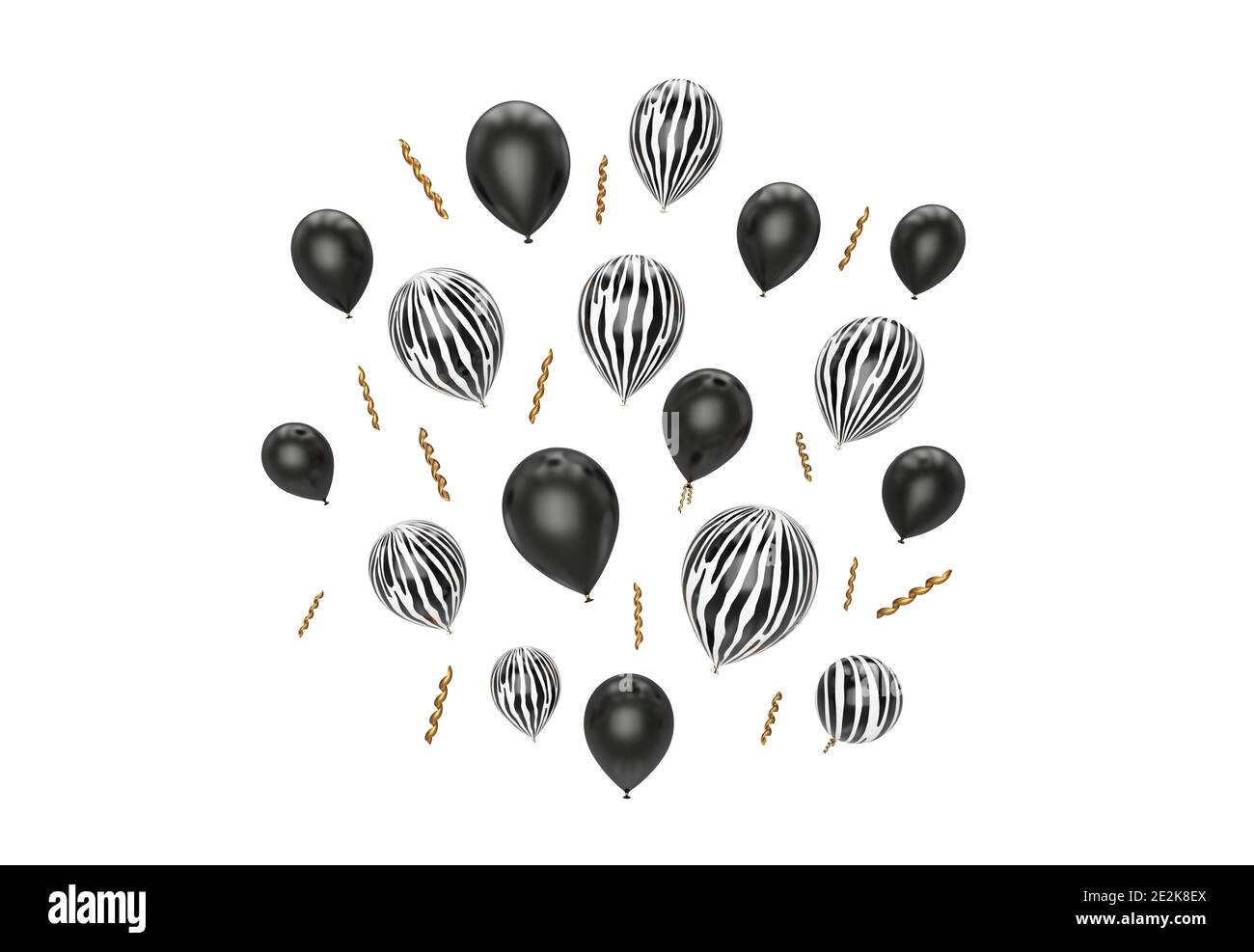 a lot of black-and-white striped balloons flying isolated on white, 3d ...