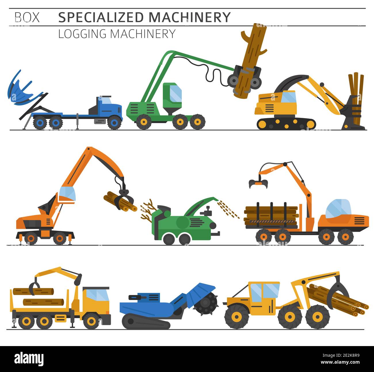 Special industrial logging machine colour vector icon set isolated on ...