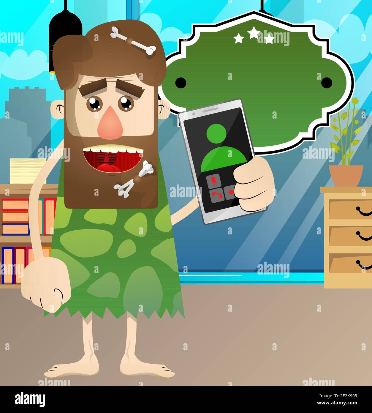 Cartoon man from prehistoric era holding a cell phone in his hand ...
