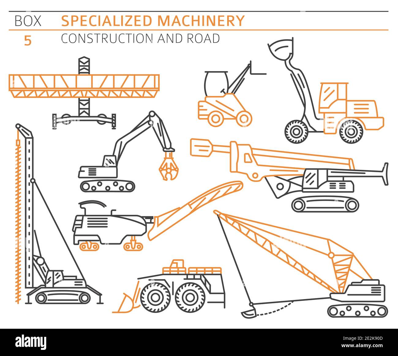 Special industrial construction and road machine linear vector icon set ...