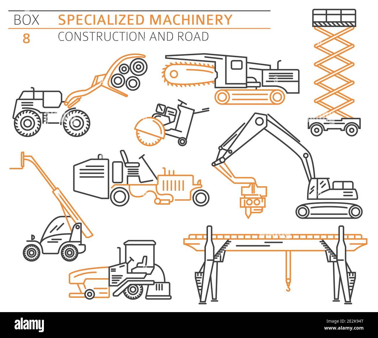 Special industrial construction and road machine linear vector icon set ...